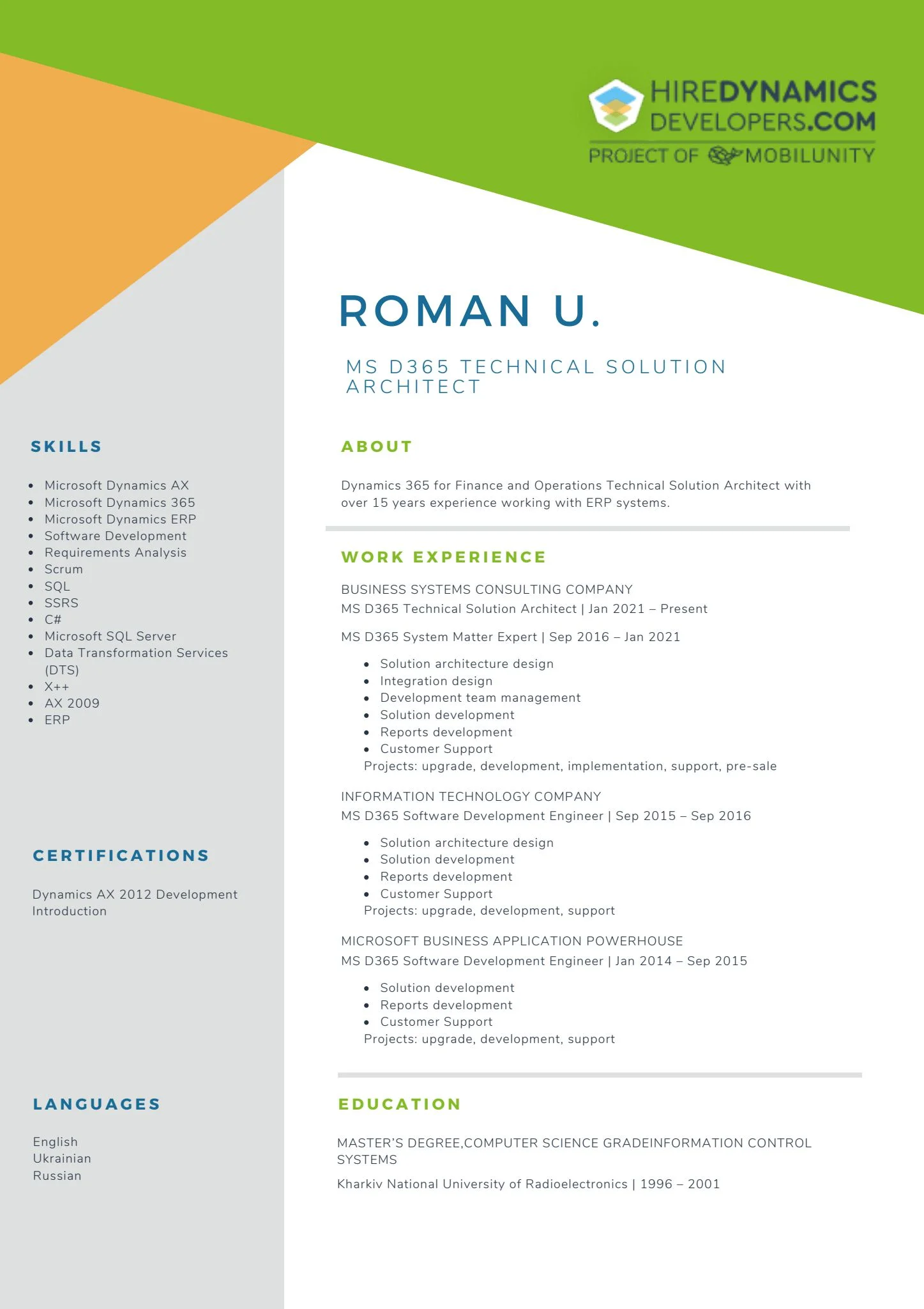 Roman U Ms Dynamics 365 Technical Solution Architect